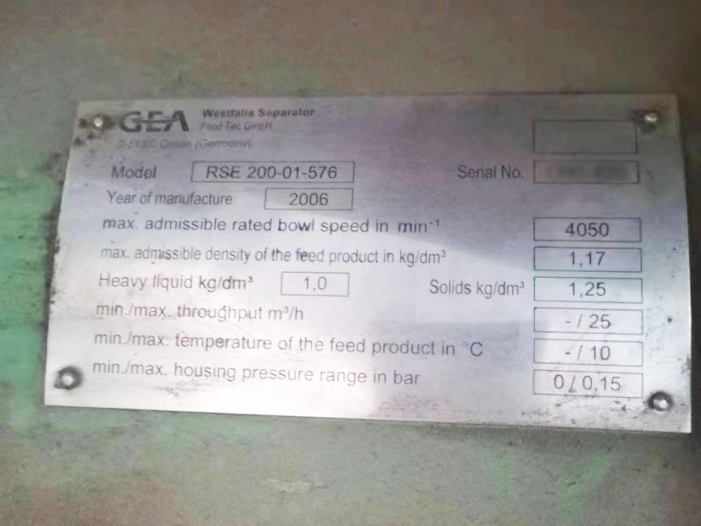 Used RSE200-01-576 Disc Centrifuge of GEA Westfalia