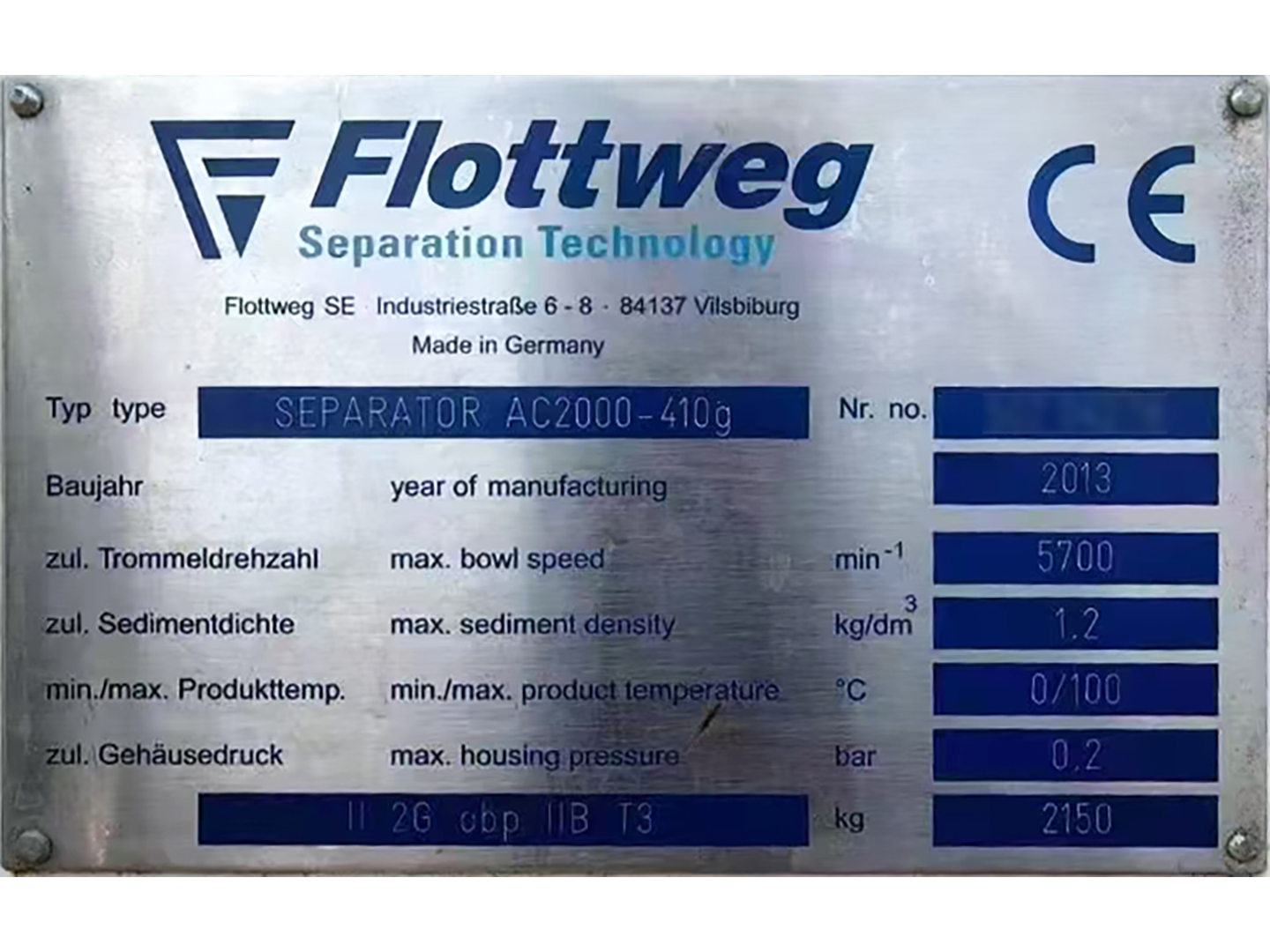 Used Flottweg Separator AC2000-410g with N2 Blanketing For Sale